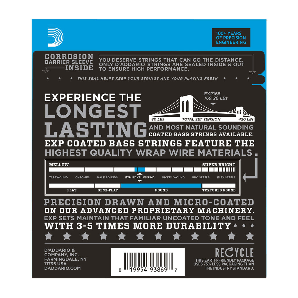 D'Addario EXP165 Coated Bass Guitar Strings, Light Top/Medium Bottom ...